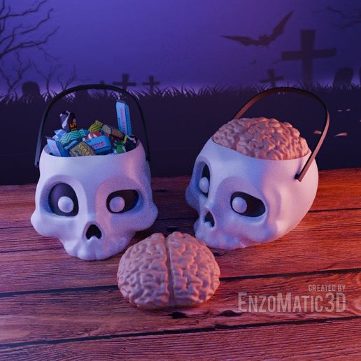 STL file skeleton skull head with brain - Candy bucket trick or treat ...
