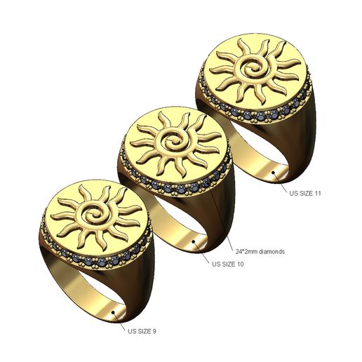Archivo STL Sunburst scroll diamond side halo round signet US sizes 9 ...