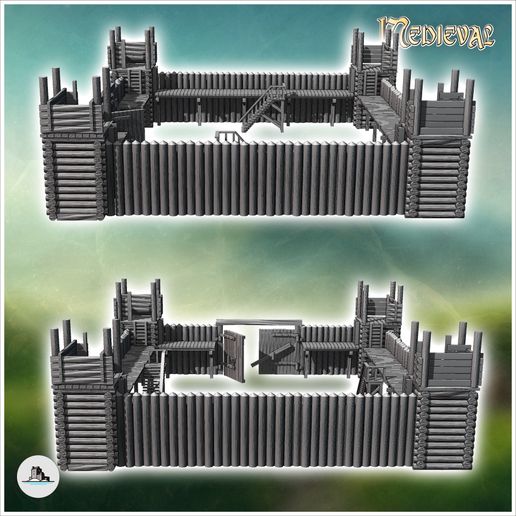 🪵 Fortified outpost with log walls, large wooden gate, and defense ...
