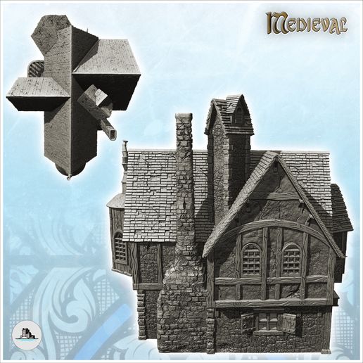 👴 Large medieval manor with suspended room, zigzagging roof and chimney ...