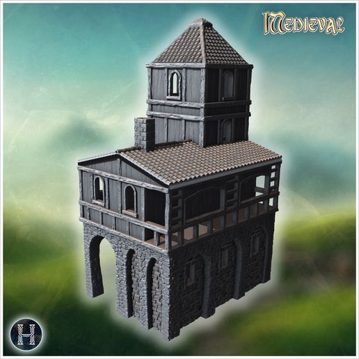 🏠 Large half-timbered house with a stone base, tiled roof, and open ...