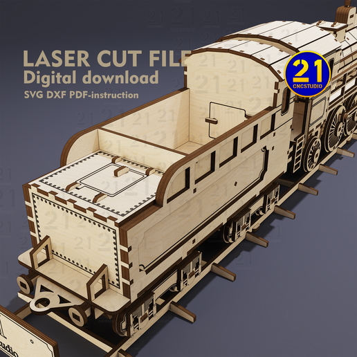 😤 Steam Train with Wagon - Wooden 3D Puzzle | Laser Cut Files (DXF, SVG ...