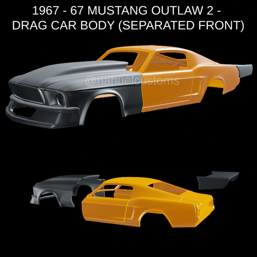 STL file 1967 - 67 MUSTANG OUTLAW 2 - DRAG CAR BODY (SEPARATED FRONT) 🐎 ...