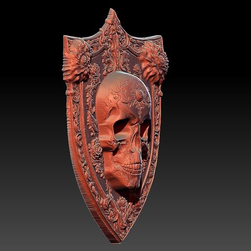 STL file "Skull Emblem Floral Shield Relief" 💀 (OBJ)・Design to download ...