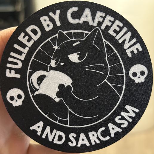 🐱 Caffeine and Sarcasm coaster・ STL File for 3D printing・Cults