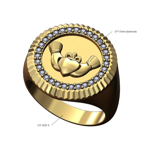 💜 Fluted bezel Claddagh heart crown diamond signet ring size 9 3D print ...