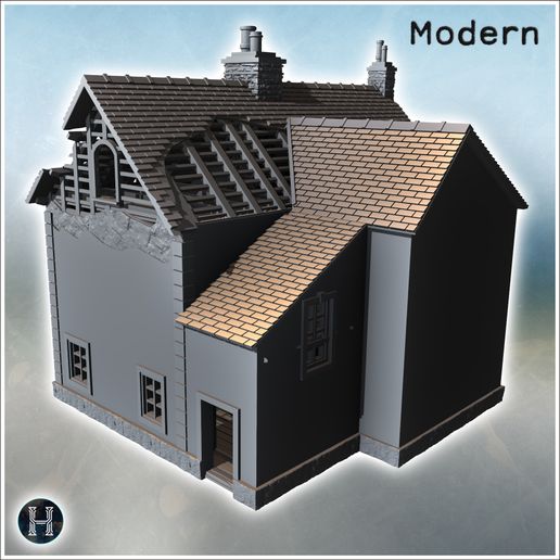 🏠 Two-story house with partially damaged roof, exposed interior, and ...