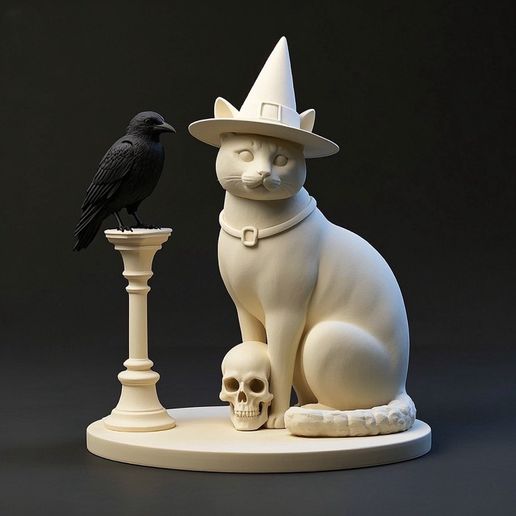 🧙‍♀️ 2208 Witch Cat Composition - Skull, Raven & Candleholder on Shared Ivory Base, magic ...