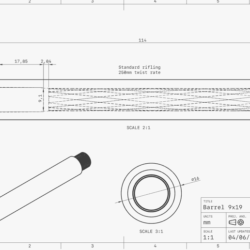 💭 9x19 Barrel CAD with technical drawing・Archivo 3D Gratis para ...