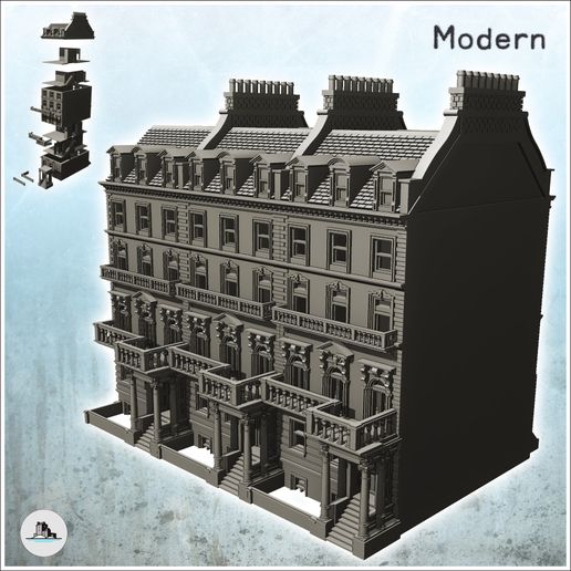 🏗️ Large modern building with balcony and chimneys with low wall (30 ...