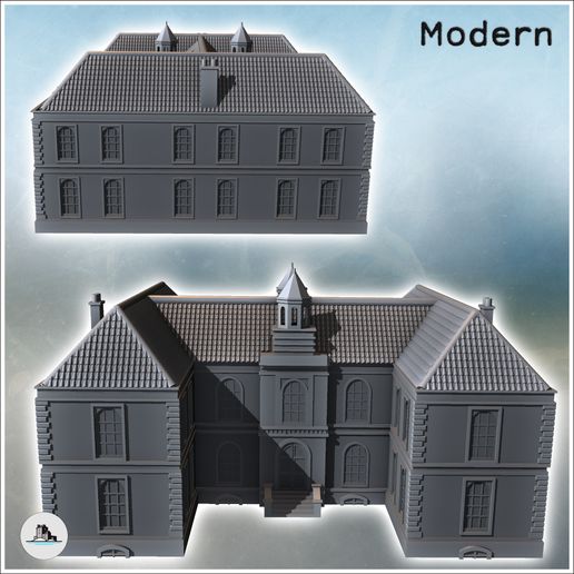 🏗️ Modern building with bell towers, two wings and access staircase (1 ...