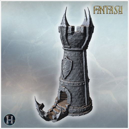 🛡️ Gothic stone tower with spiked battlements, engraved shield, and ...