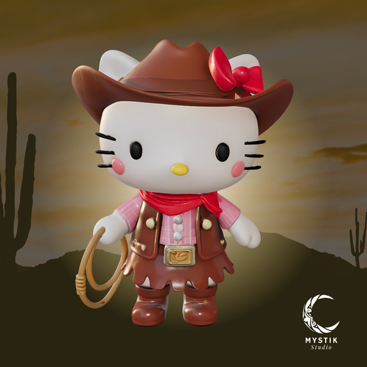 👋 Hello Kitty Cowgirl - Chibi Version with Hat and Wild West Style・ STL File for 3D printing・Cults