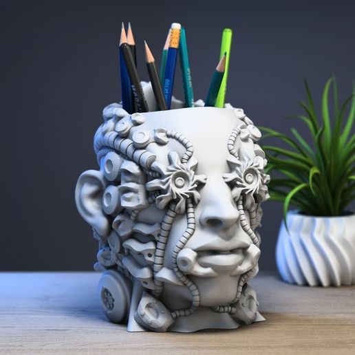 STL file robot human head pen holder, Robot human bust pen holder, pen ...