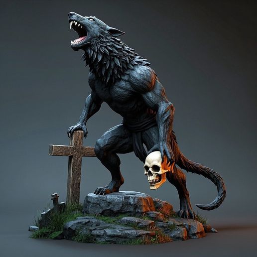 🐺 1803 Howling Werewolf with Skull - 3D Printed Statue, magic, dragon ...