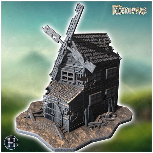 3D file Old wooden windmill with broken blades, damaged walls, and ...