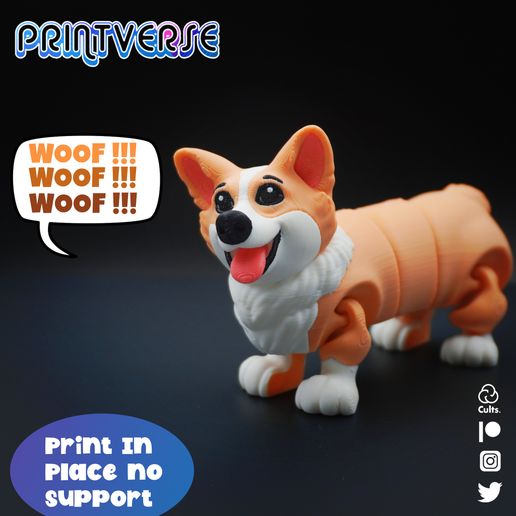 🐕 Flexy Corgi Dog Print In Place No Supports・ STL File for 3D printing・Cults