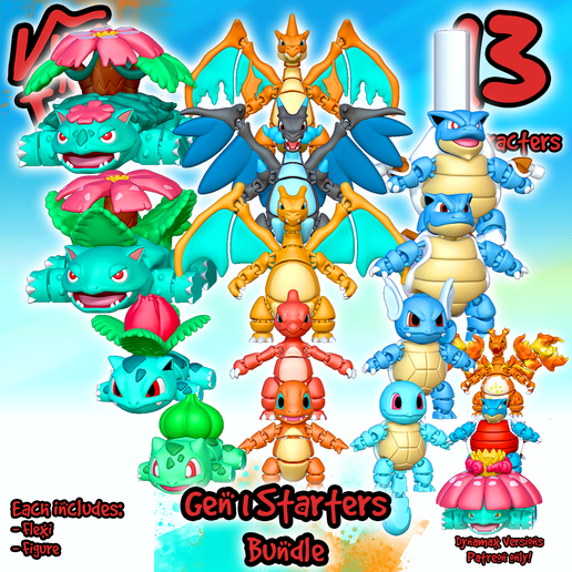 🐉 Pokemon Gen 1 Starters Character Bundle MultiColor Flexi Print-In ...