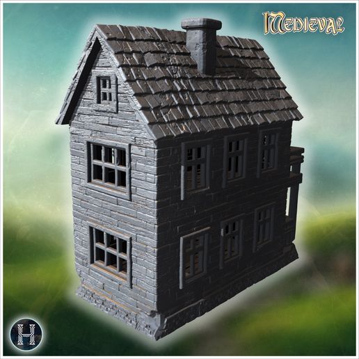 🪵 Tall two-story wooden house with extended balcony and large slanted ...