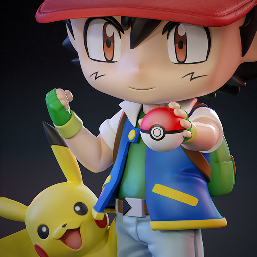 🐉 Chibi Ash Ketchum and Pikachu Pokemon・ STL File for 3D printing・Cults