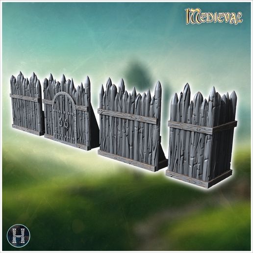 🪵 Tall wooden palisade with pointed stakes and an integrated gate with ...