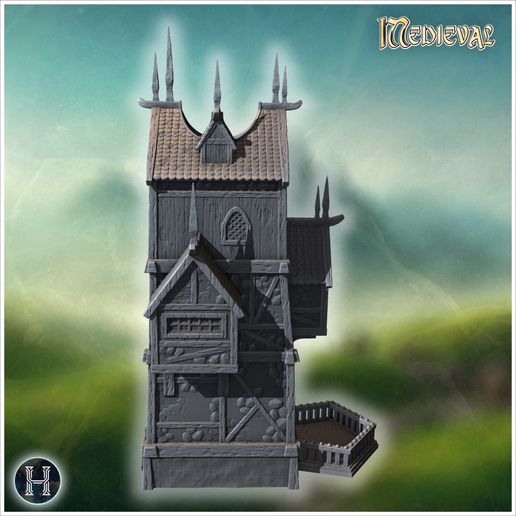 🪵 Timber-framed watchtower with reinforced base, wooden balconies, and ...