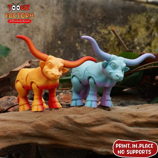 🐄 PRINT IN PLACE CUTE FLEXI LONGHORN・ STL File for 3D printing・Cults