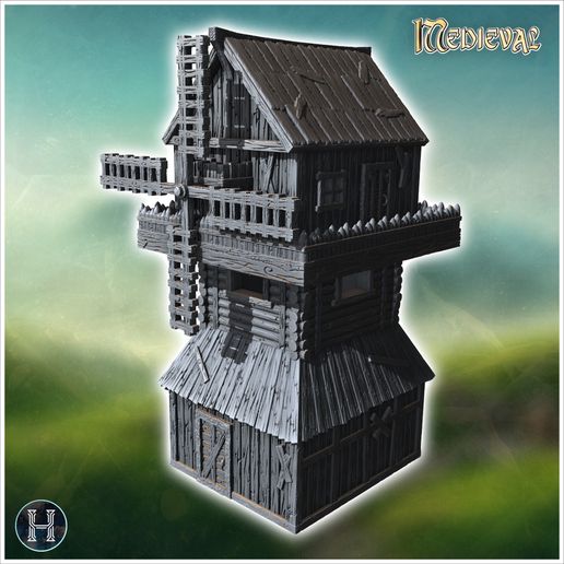 🪵 Tall wooden windmill with large blades, a sloped roof, and a ...