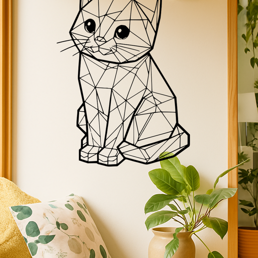 🐱 Geometric Cat - Wall Art Onecolor・ 3D File for 3D printing・Cults