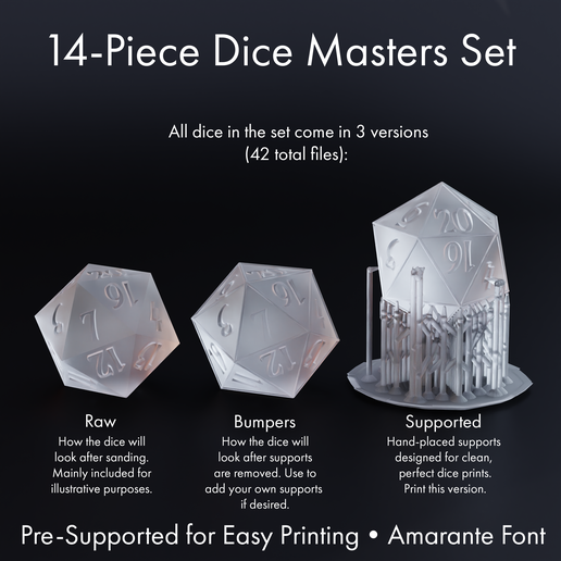 🎲 Dice Masters Set - 14 Shapes - Amarante Font - Supports Included・ STL ...