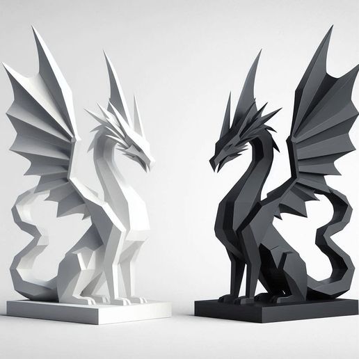 🐉 Minimalist Geometric Dragon Sculptures Black and White Pair・ STL File ...