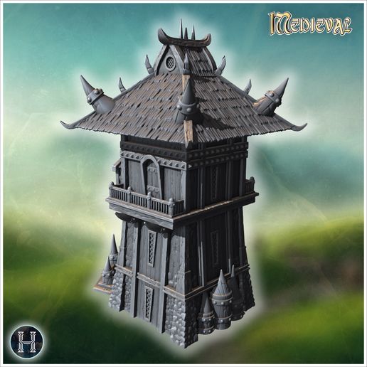 🪵 Tall wooden fortress tower with spiked decorations, arched balcony ...
