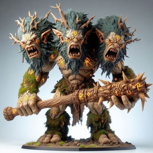 🧌 710 Three-Headed Troll - 3D-Printed Fantasy Statue with Club ...