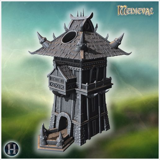 🪵 Tall wooden fortress tower with spiked decorations, arched balcony ...