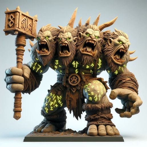 🧌 Three-Headed Troll - 3D-Printed Fantasy Statue with Club・ OBJ File ...
