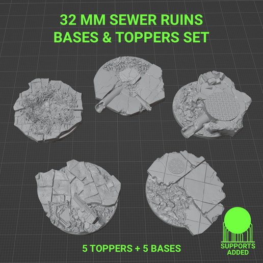 🏙️ 32 mm City Sewer Ruins Bases, Toppers set・ 3D File for 3D printing・Cults