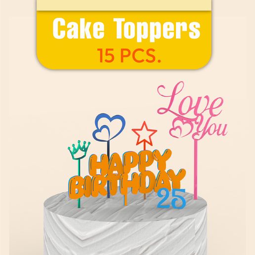 🍰 3D Cake Toppers Set, 15 pcs. Bundle, Happy Birthday Cake Toppers, DIY ...