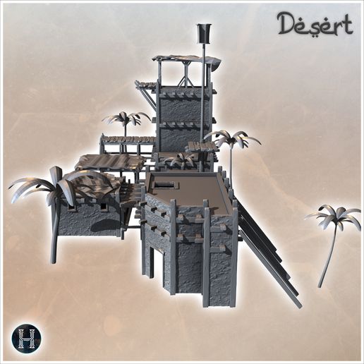 🪵 Set of fortified Eastern buildings with palm trees, surveillance ...