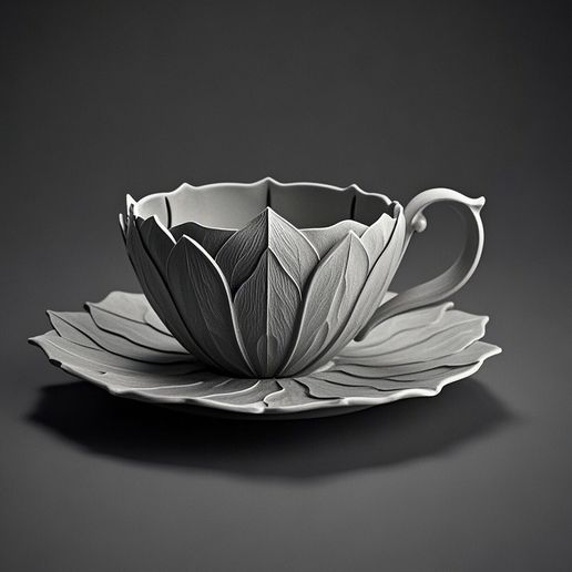 🪷 Lotus Flower Teacup and Saucer Set・ STL File for 3D printing・Cults