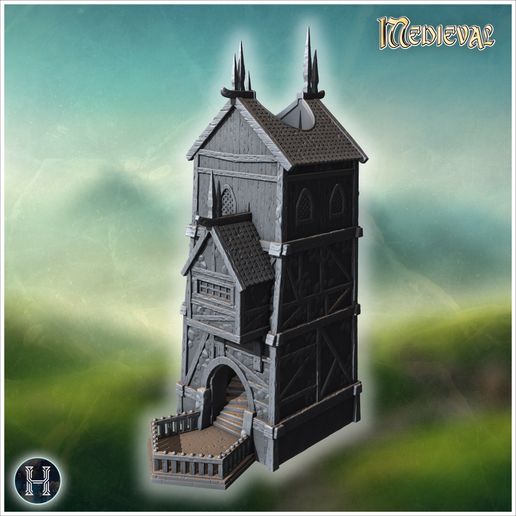 🪵 Timber-framed watchtower with reinforced base, wooden balconies, and ...