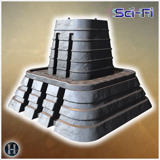 3D file Pyramid-like fortress with tiered structure, vertical columns ...