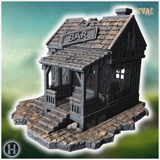 🪵 Hölzerne Bar mit einer großen Veranda, zerbrochenen Fenstern ...