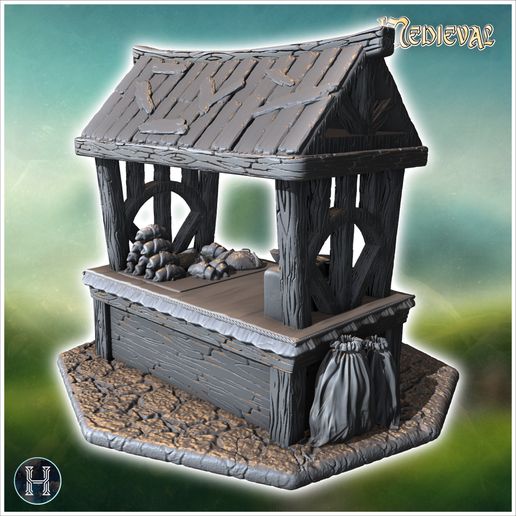 🪵 Market stall with wooden beams, shingled roof, and various food items ...