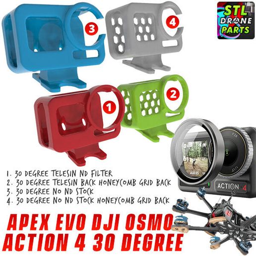 STL file IMPULSERC APEX EVO 5,6,7 DJI OSMO ACTION 4 MOUNT 30 DEGREE 🛸 ...