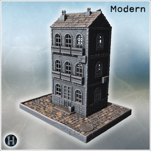 🧱 Elegant brick building with arched windows, balconies, rooftop ...