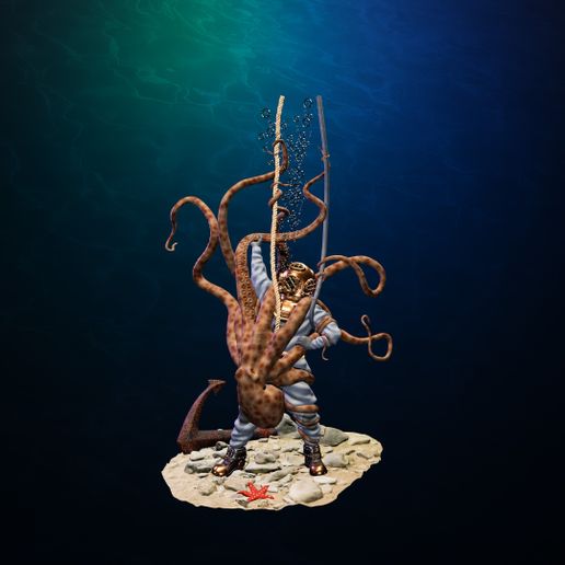 👴 Old diver fights octopus sea monster battle printable highpoly・ STL ...
