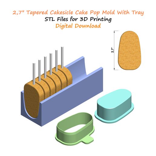 🍰 2.7” Tapered Cakesicle Cake Pop Mold With Tray STL File for 3D ...