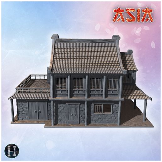🏗️ Two-story Asian building with stone base, multiple pillars ...