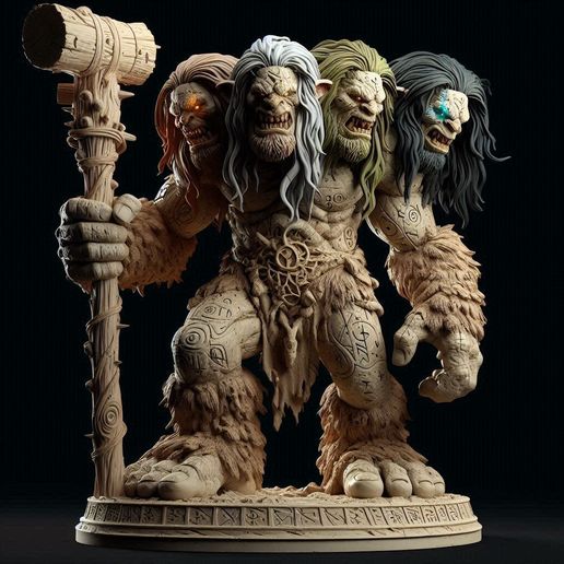 🧌 675 Four-Headed Troll - 3D-Printed Fantasy Statue with Club ...