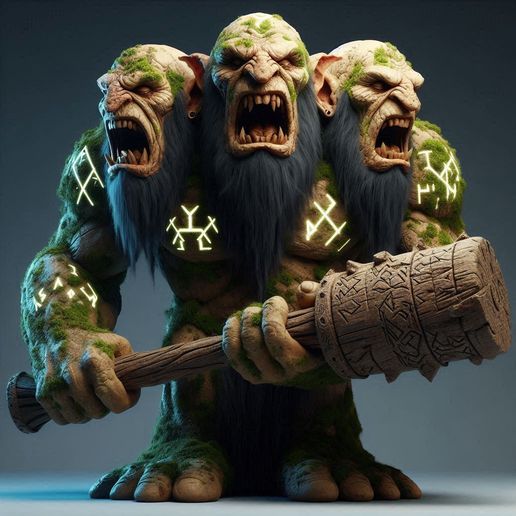 🧌 Three-Headed Troll - 3D-Printed Fantasy Statue with Club・ OBJ File ...